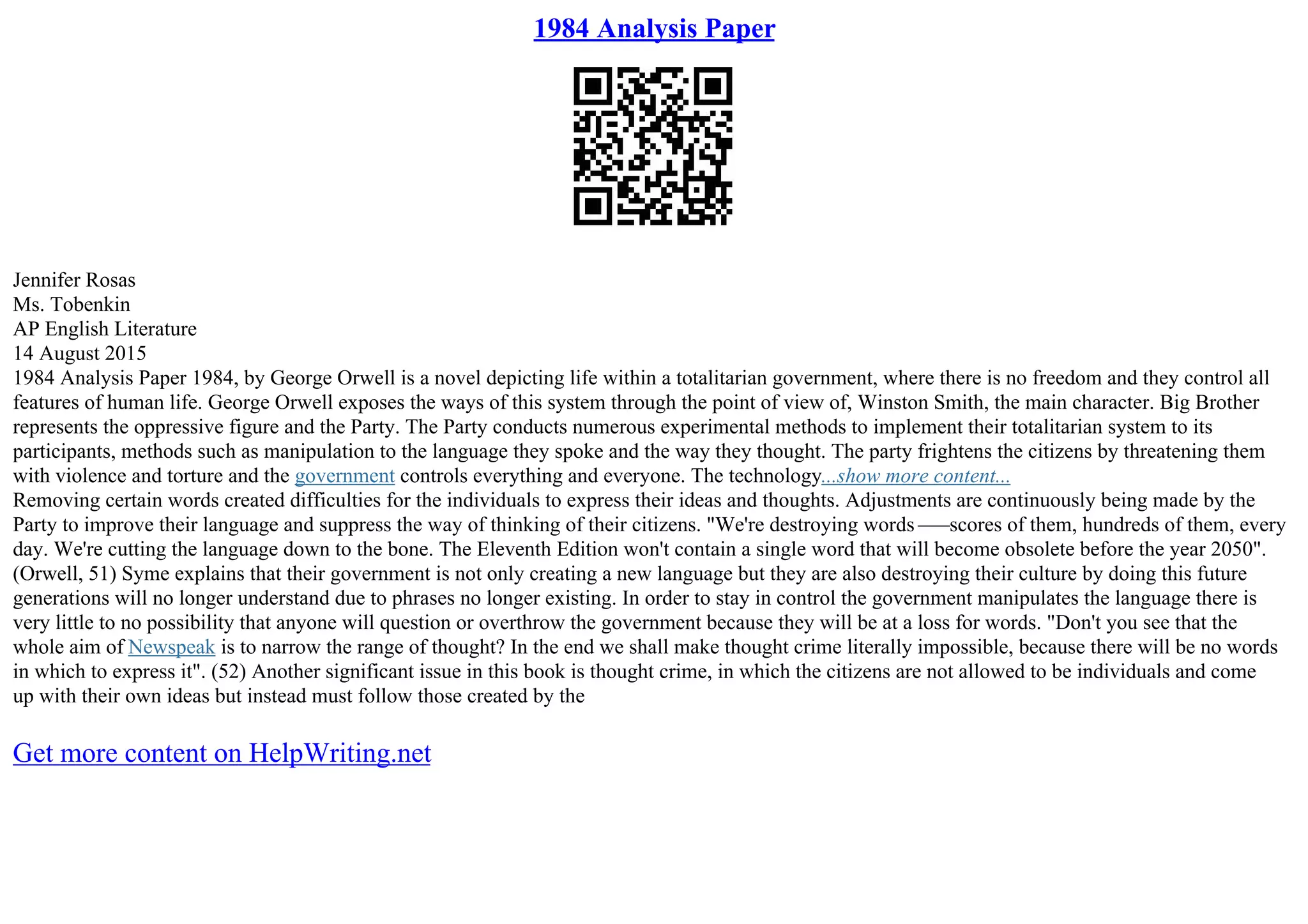1984 Analysis | PDF