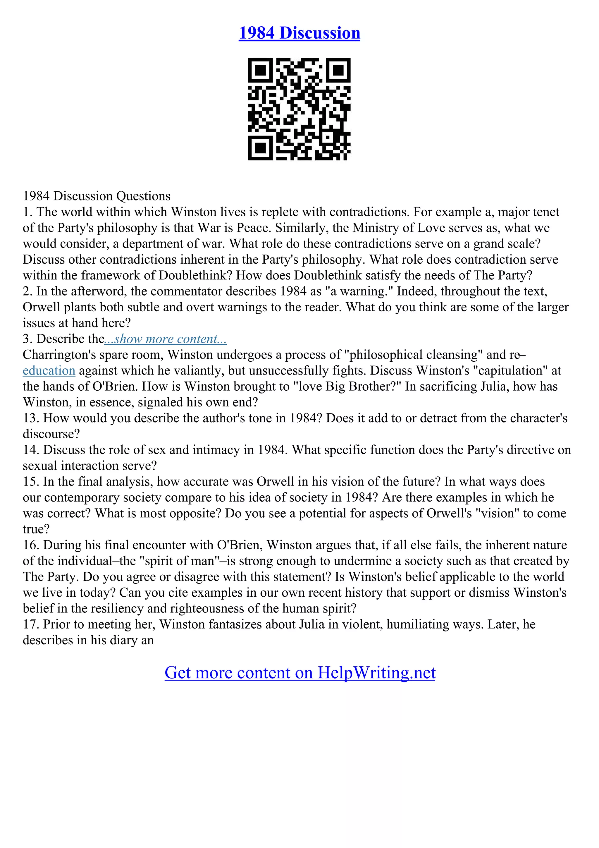 1984 Essay Questions | PDF