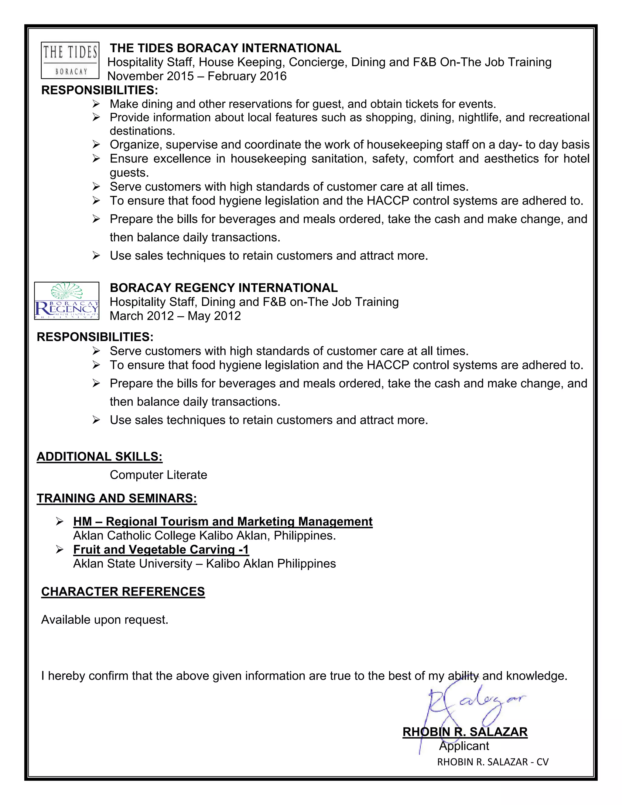 CV- RHOBIN SALAZAR | PDF | Hospitality Industry | Industries