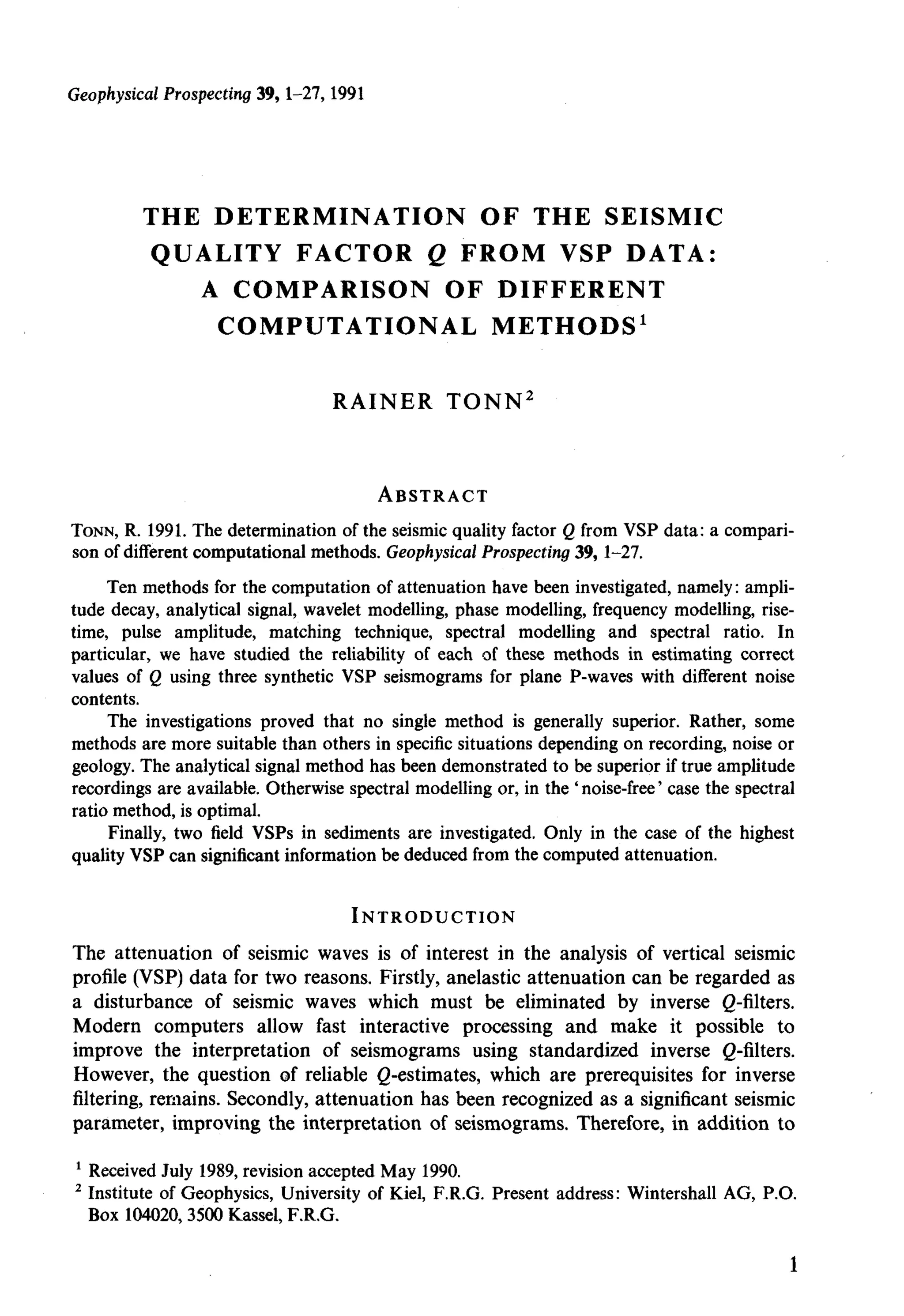 The determination of the seismic quality factor Q from VSP data--A comparison of different ...