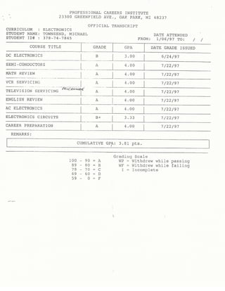 Professional Careers Institute Transcript | PDF