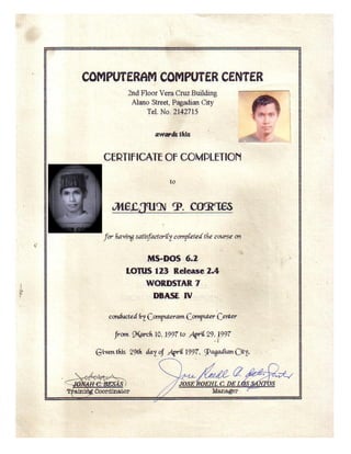 1997 Certificate MS DOS Lotus 123 Wordstar DbaseIV Certificate | PDF