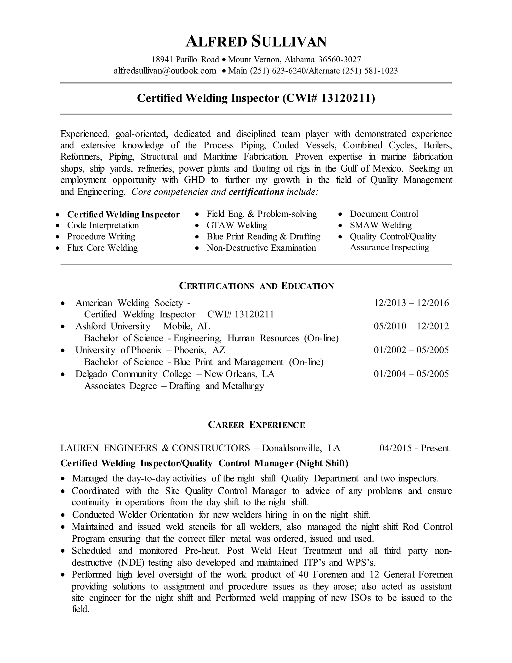 Alfred Sullivan Resume | DOCX