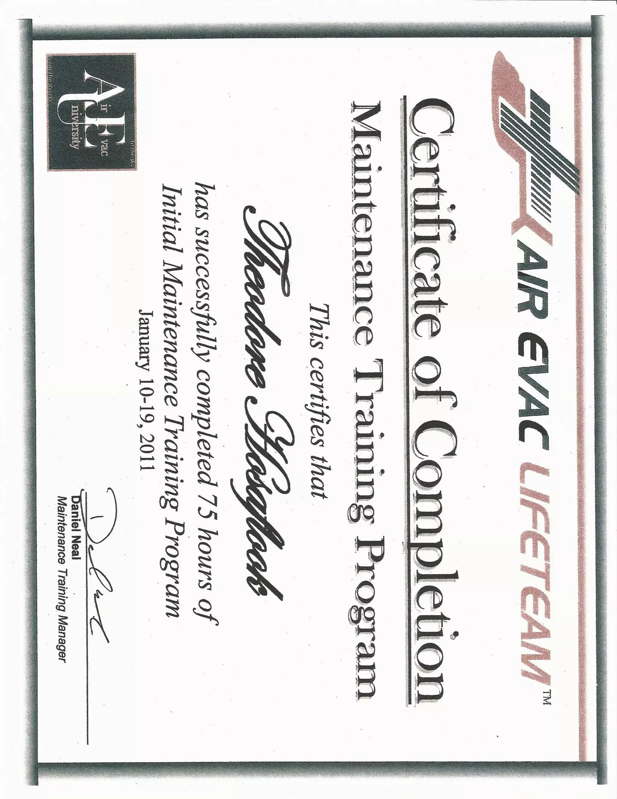 Air Evac Certificate of Training | PDF