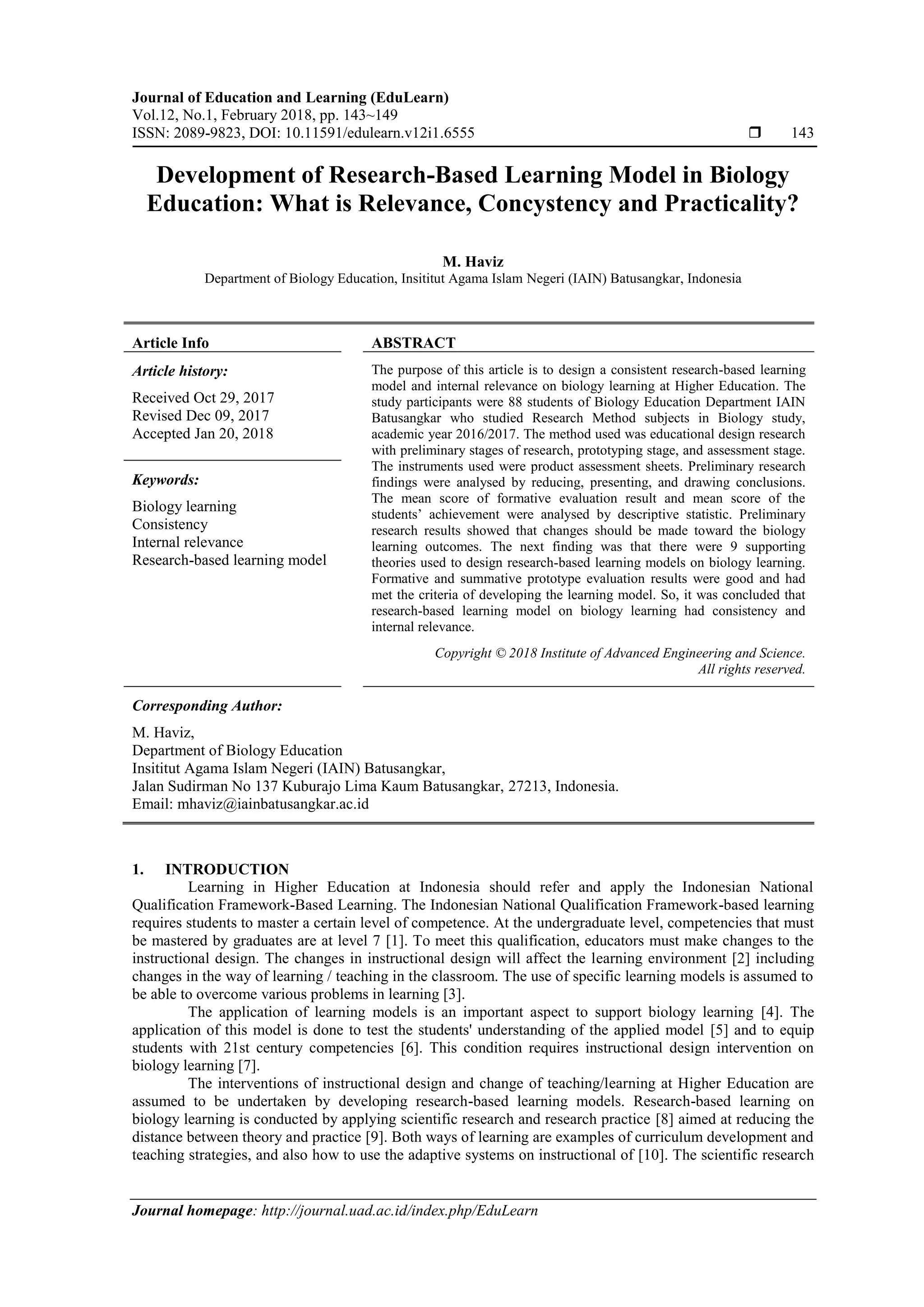 Development of Research-Based Learning Model in Biology Education: What ...
