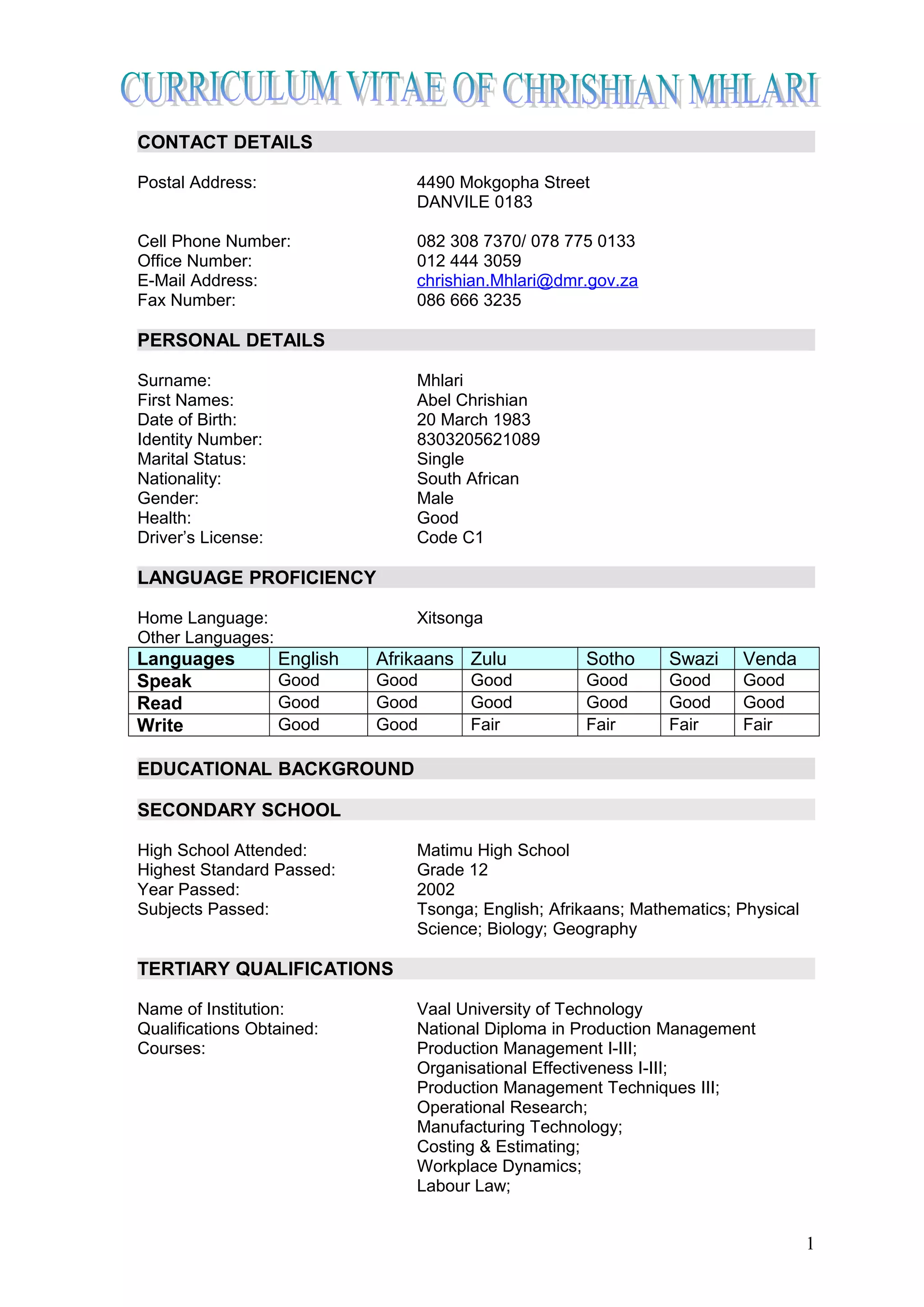 Chrishian Mhlari Curriculum Vitae | DOC