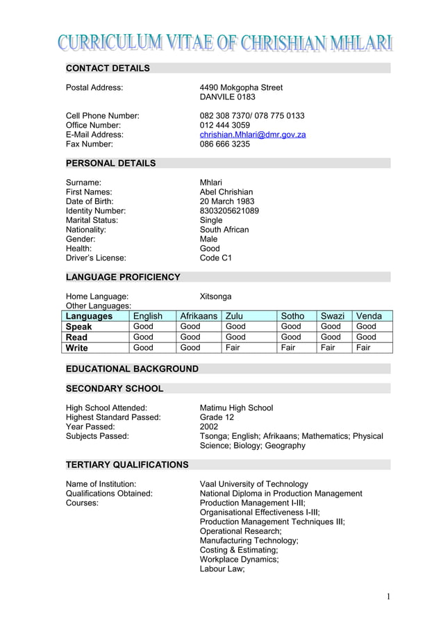 Chrishian Mhlari Curriculum Vitae | DOC