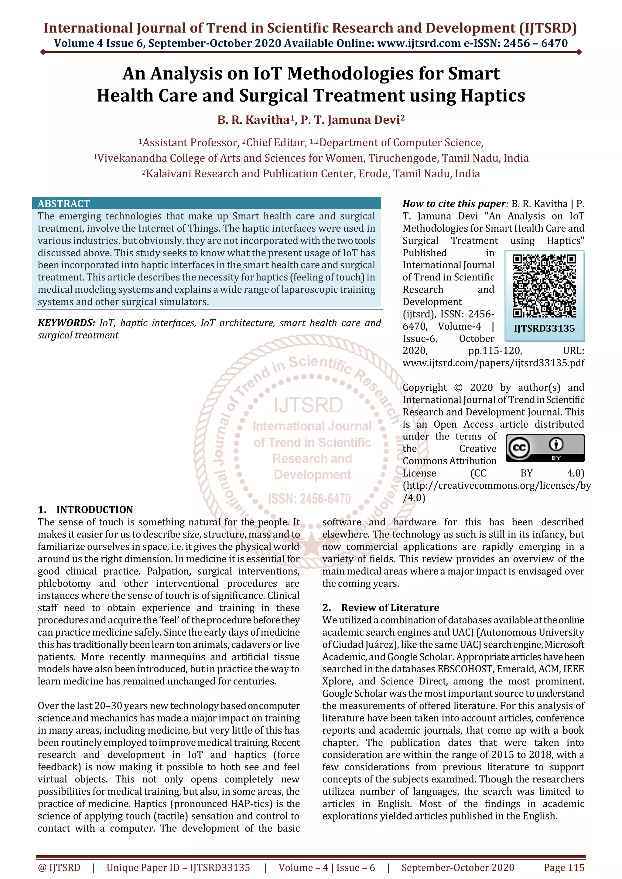 An Analysis on IoT Methodologies for Smart Health Care and Surgical Treatment using Haptics | PDF