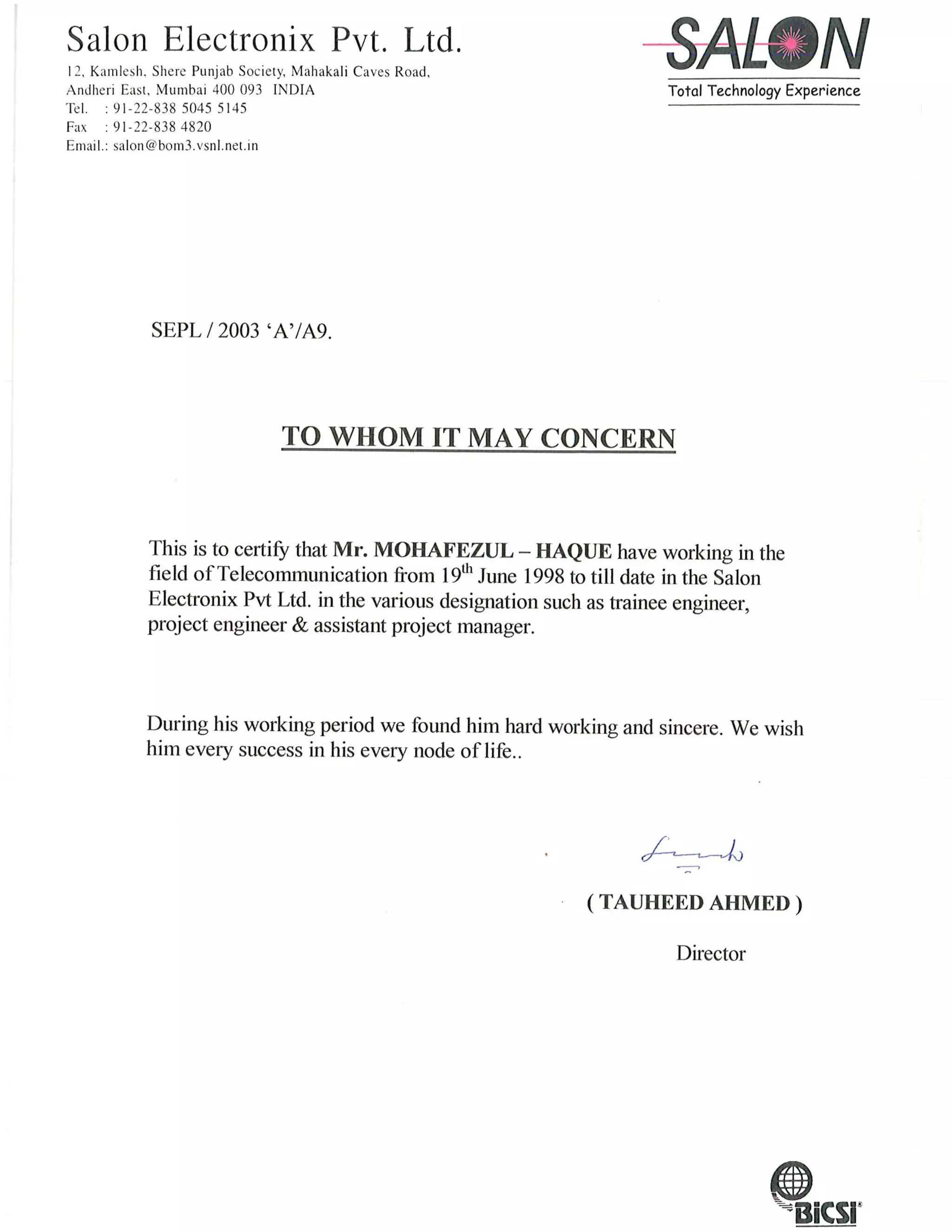 Experience letter(Salon electronix Pvt. Ltd.) | PDF