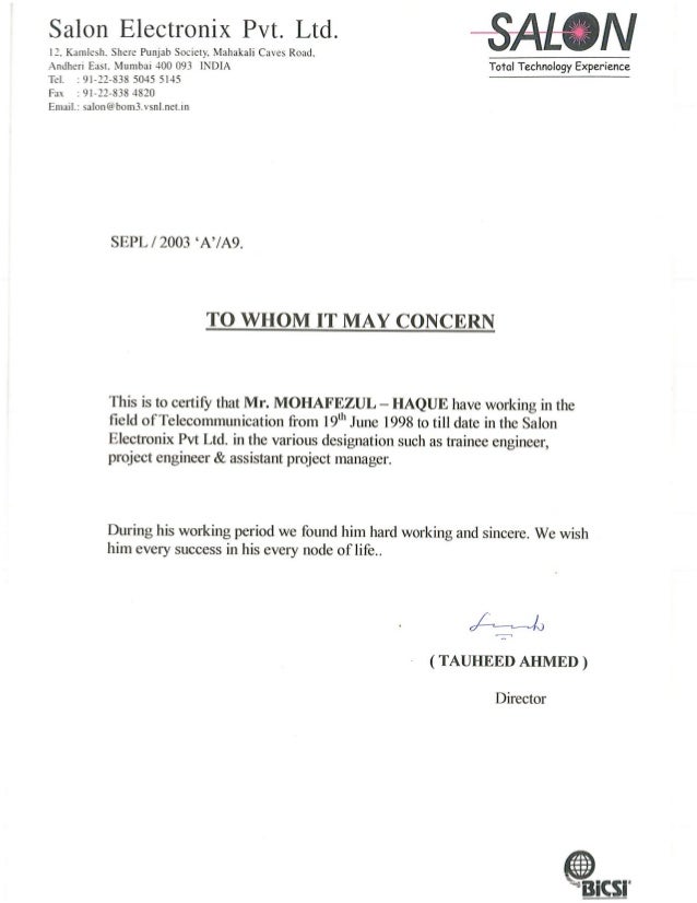 Experience letter(Salon electronix Pvt. Ltd.)
