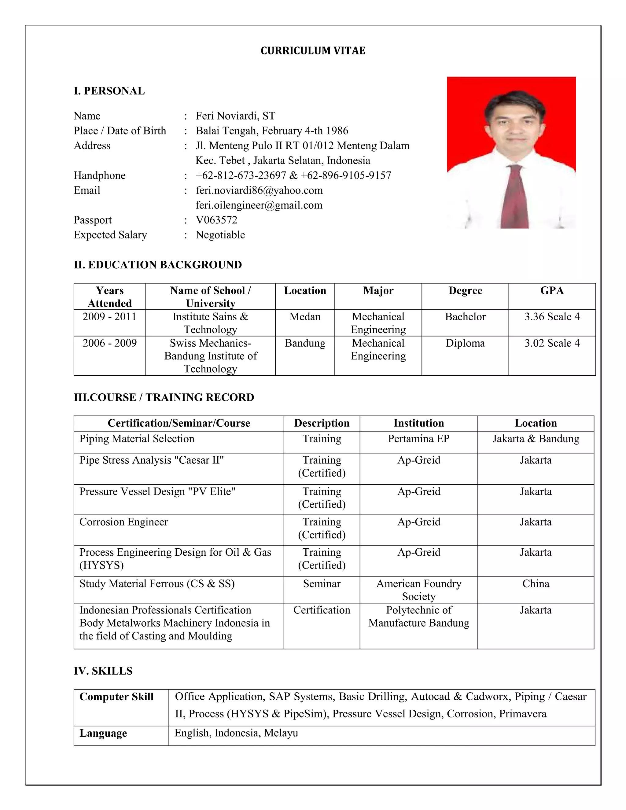 CV of Feri Noviardi (Mechanical) | PDF