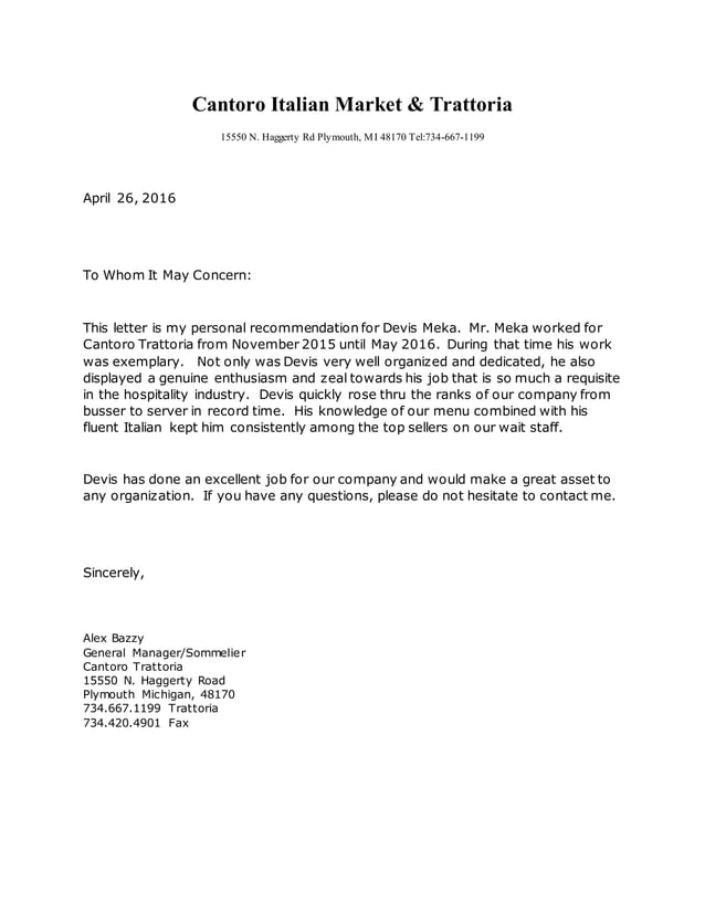 devis letter of recommendation | DOCX | Bars & Restaurants | Attractions