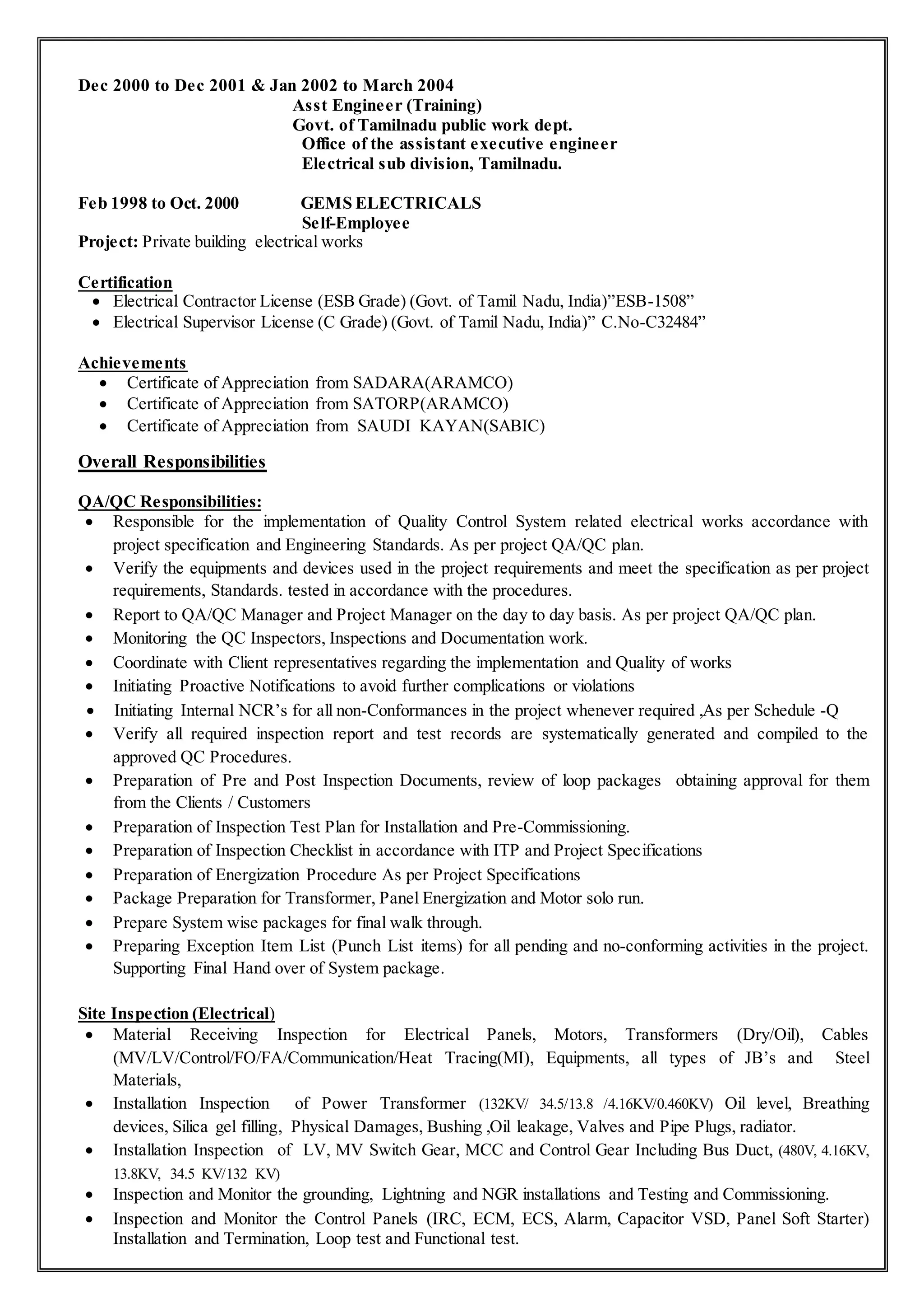 JEYARAJ CV QA-QC Inspector(E &I) | DOCX