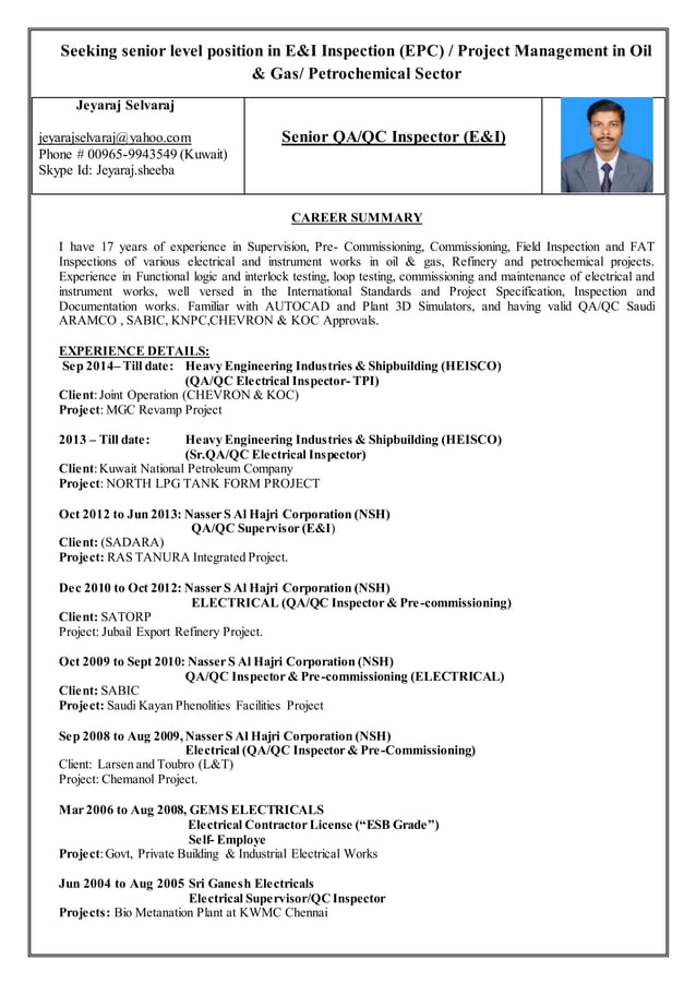 JEYARAJ CV QA-QC Inspector(E &I) | DOCX | Civil Engineering Industry | Industries