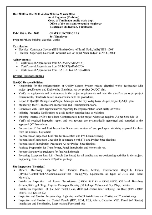 JEYARAJ CV QA-QC Inspector(E &I) | DOCX | Civil Engineering Industry ...
