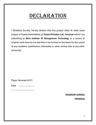 short term project on retail sales of Toyota | PDF