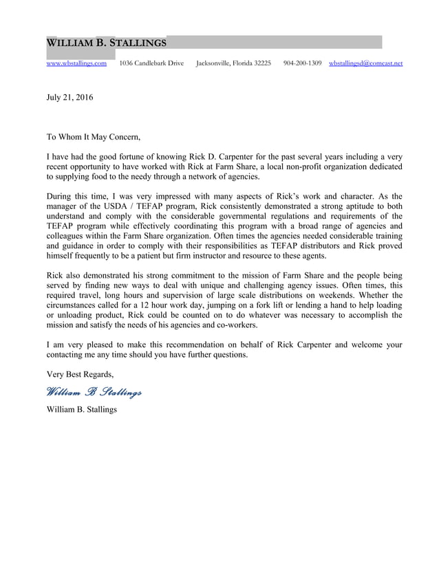 Rick Carpenter - Letter of Recommendation | DOC | Agriculture | Industries