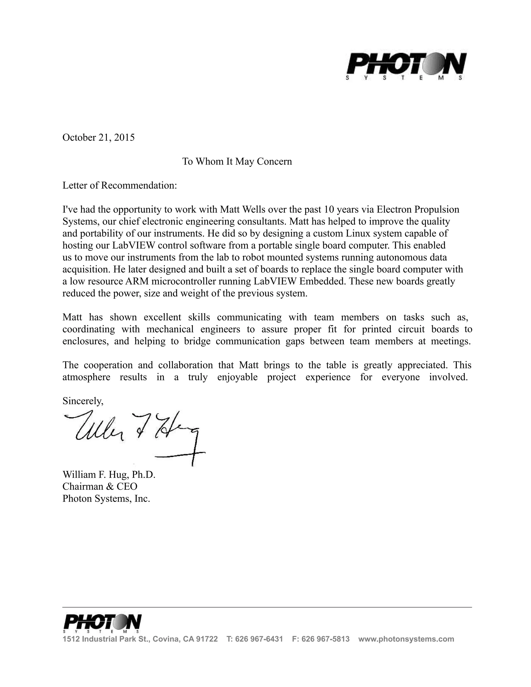 Photon Systems Recommendation Letter | PDF | Computing | Technology & Computing