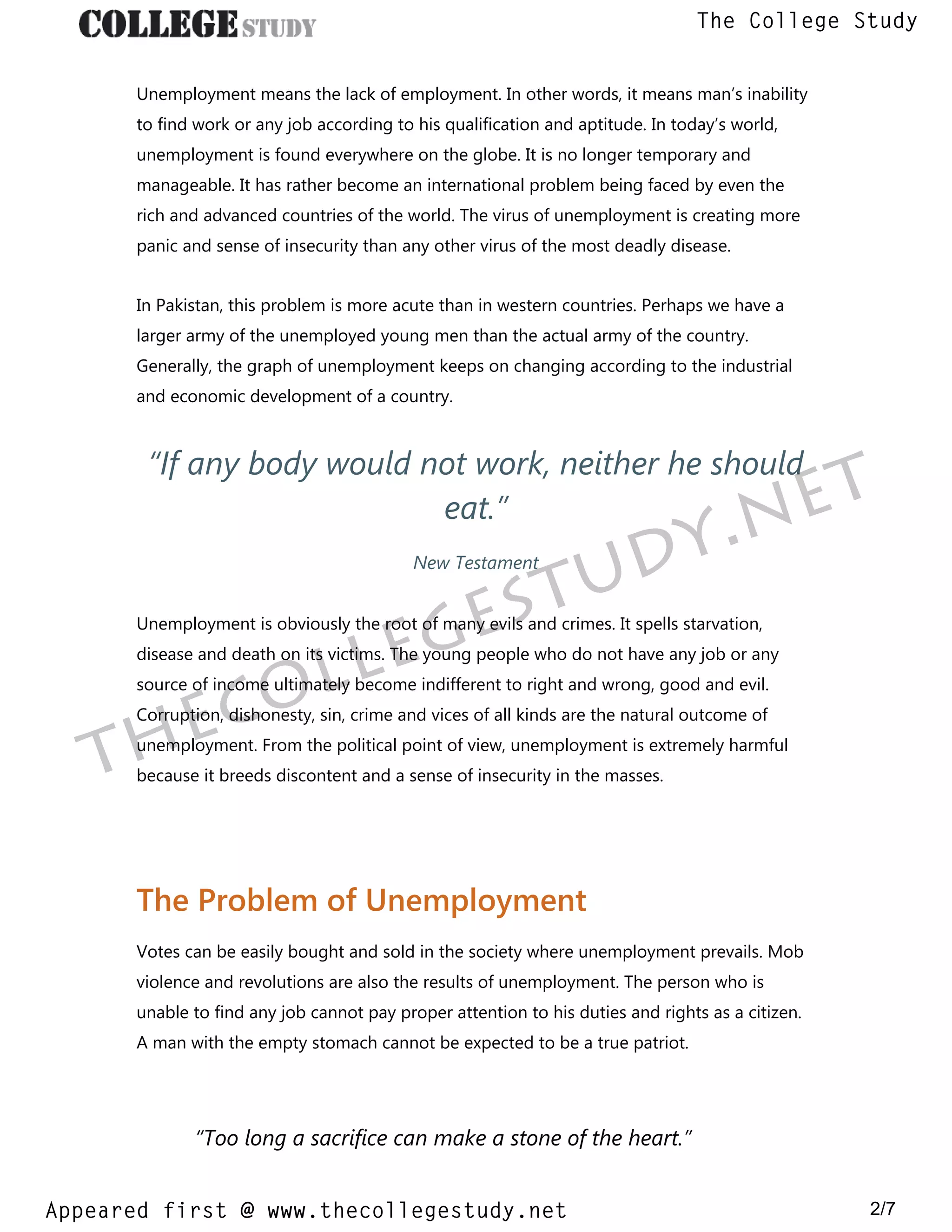 19 essay on unemployment, its causes and solutions the college study | PDF
