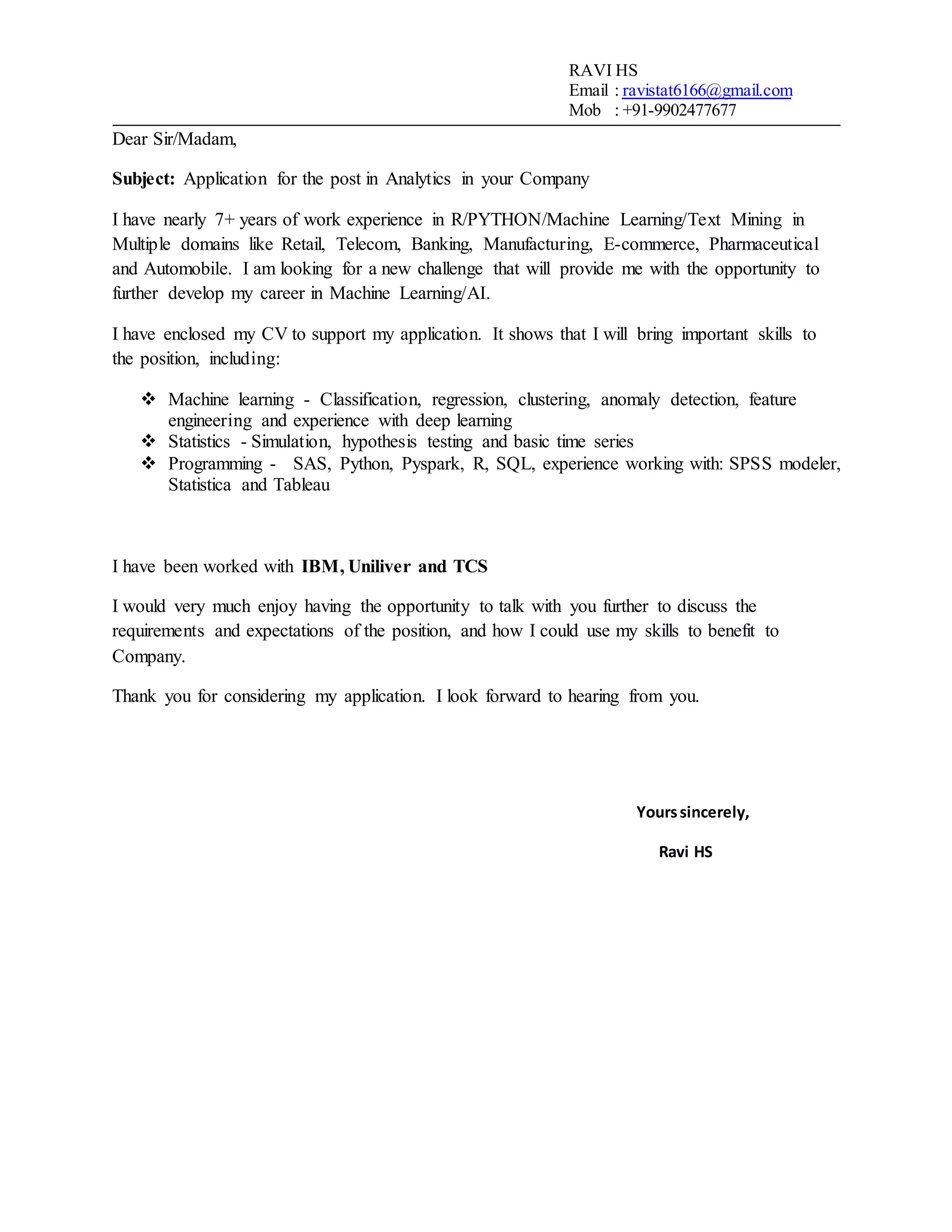 Ravi_Cover_Letter | DOCX | Computing | Technology & Computing