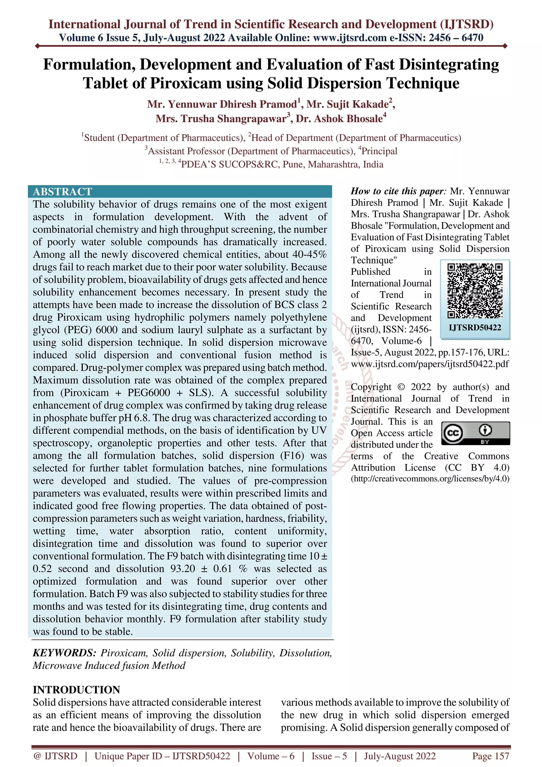 Formulation Development And Evaluation Of Fast Disintegrating Tablet Of Piroxicam Using Solid