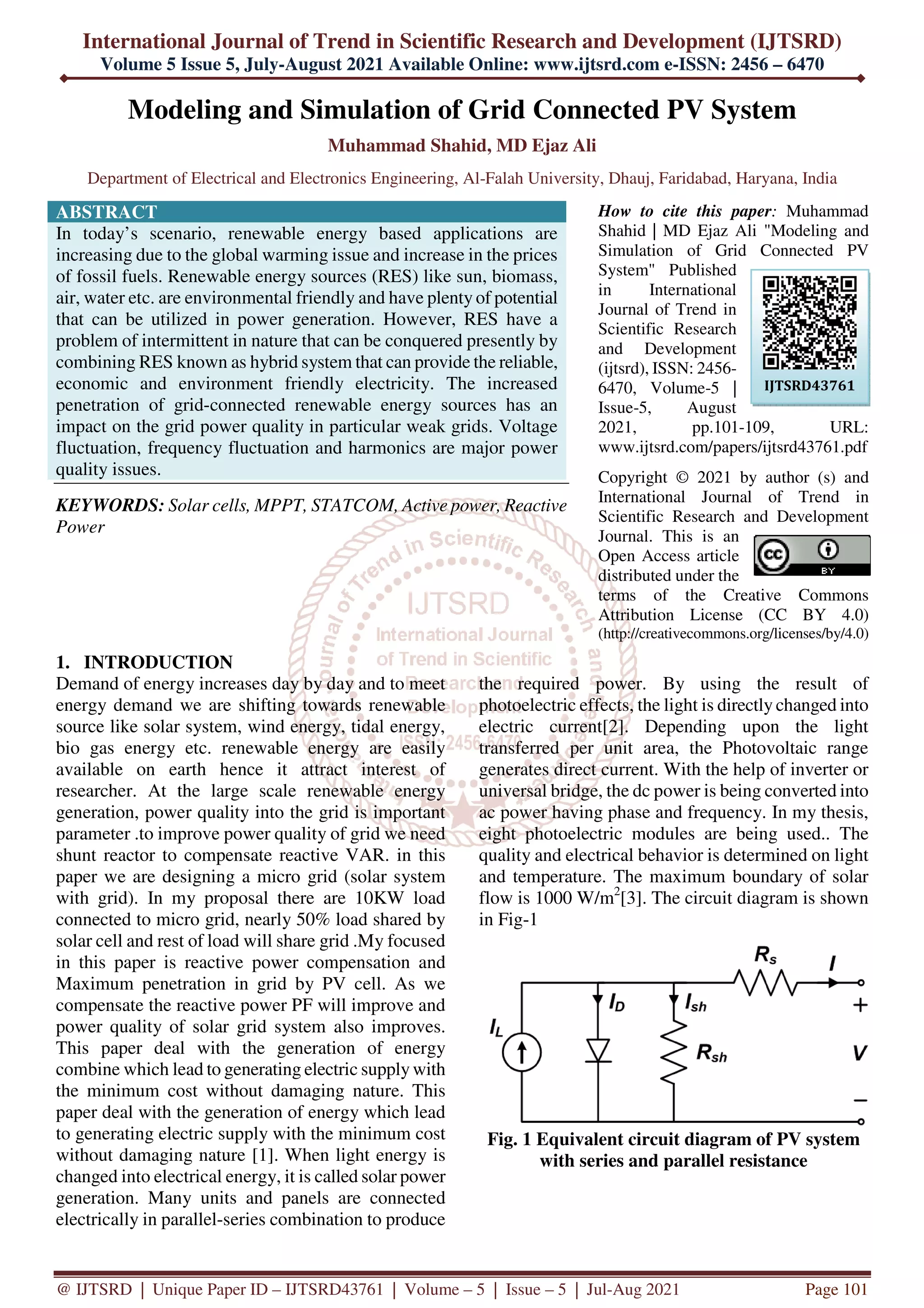 Modeling And Simulation Of Grid Connected Pv System Pdf
