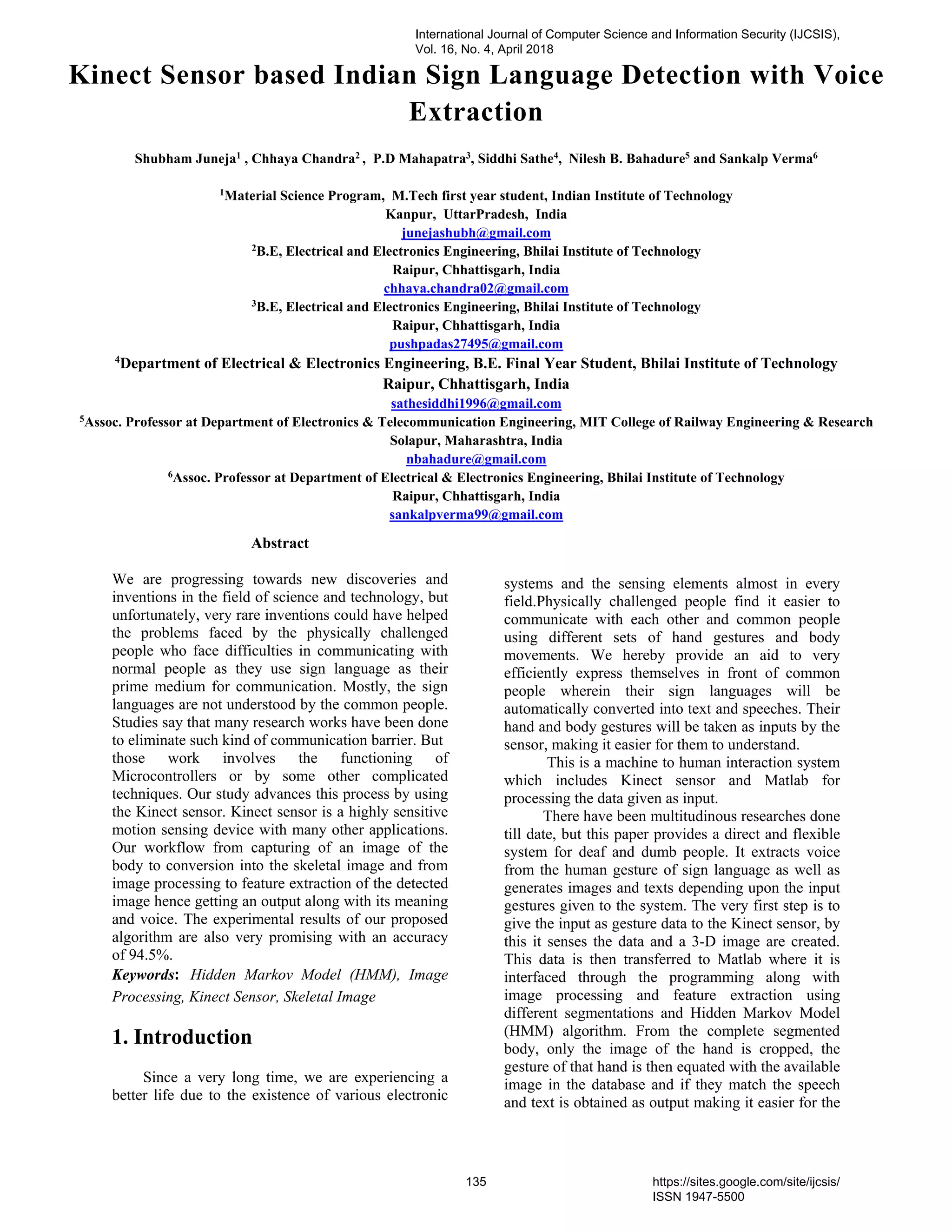 Kinect Sensor based Indian Sign Language Detection with Voice Extraction | PDF