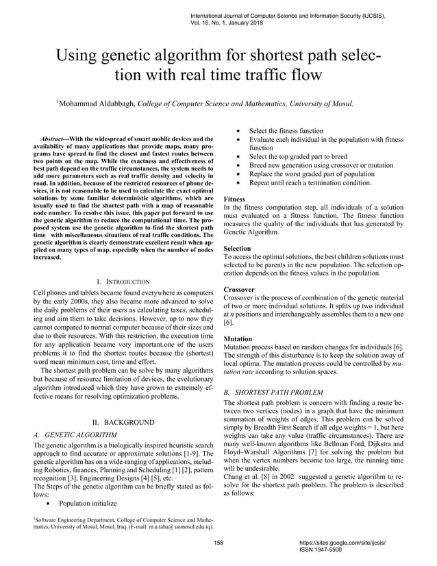Using Genetic Algorithm For Shortest Path Selection With Real Time Traffic Flow Pdf