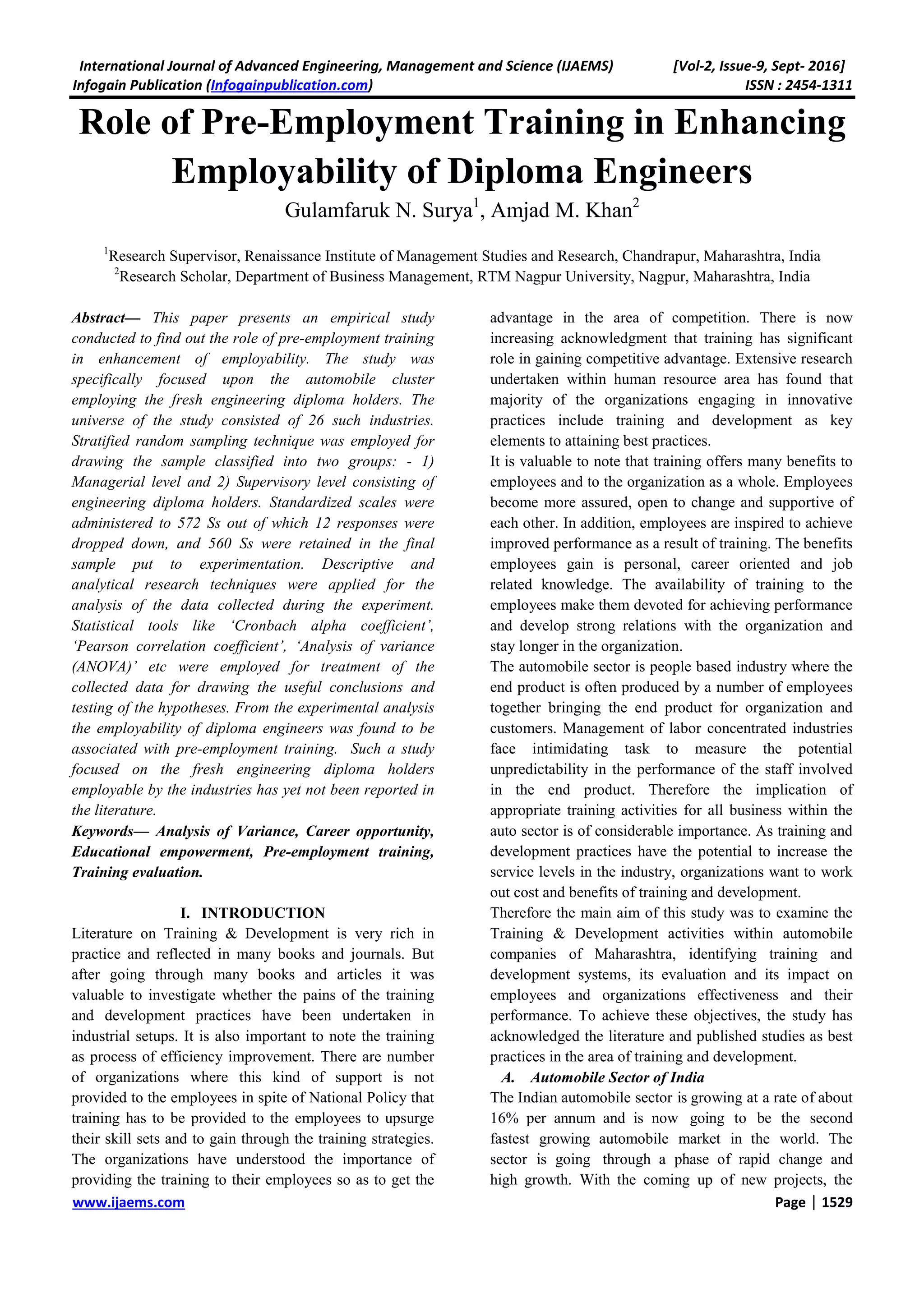 Role of Pre-Employment Training in Enhancing Employability of Diploma ...