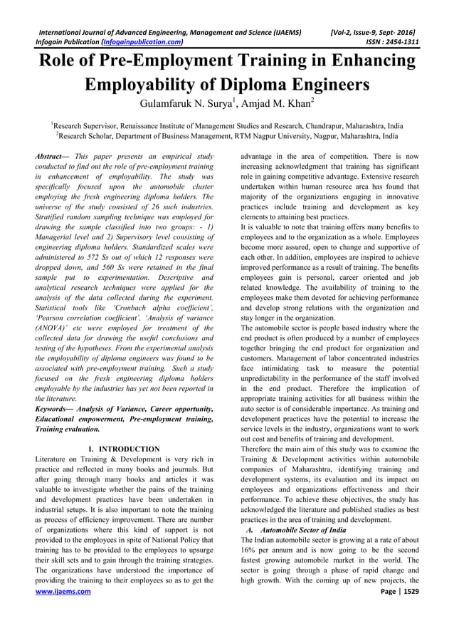 Role of Pre-Employment Training in Enhancing Employability of Diploma ...