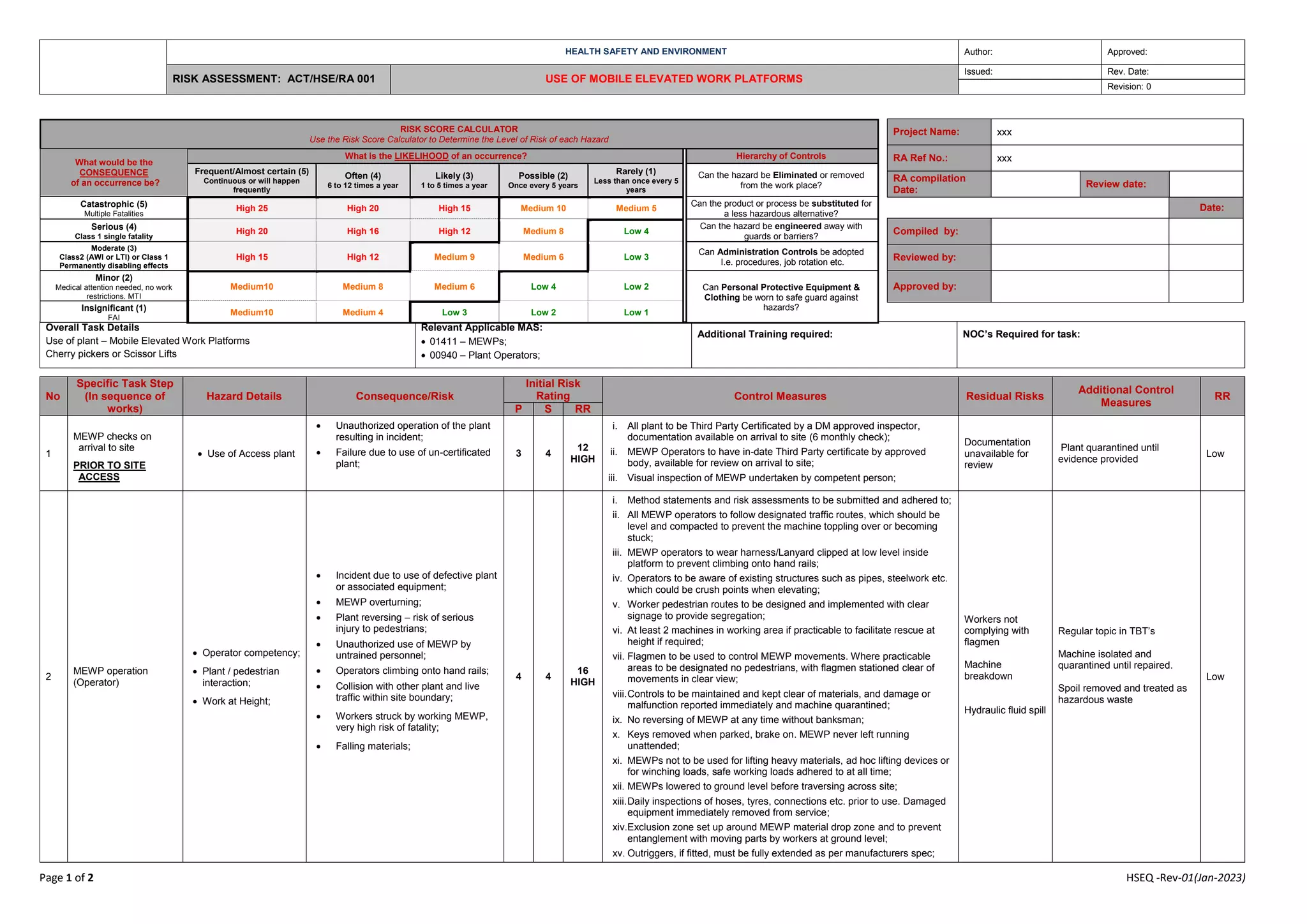 19 Use of Mobile Elevated Work Platforms Risk Assessment Templates.docx