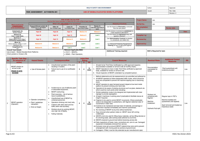 19 Use of Mobile Elevated Work Platforms Risk Assessment Templates.docx