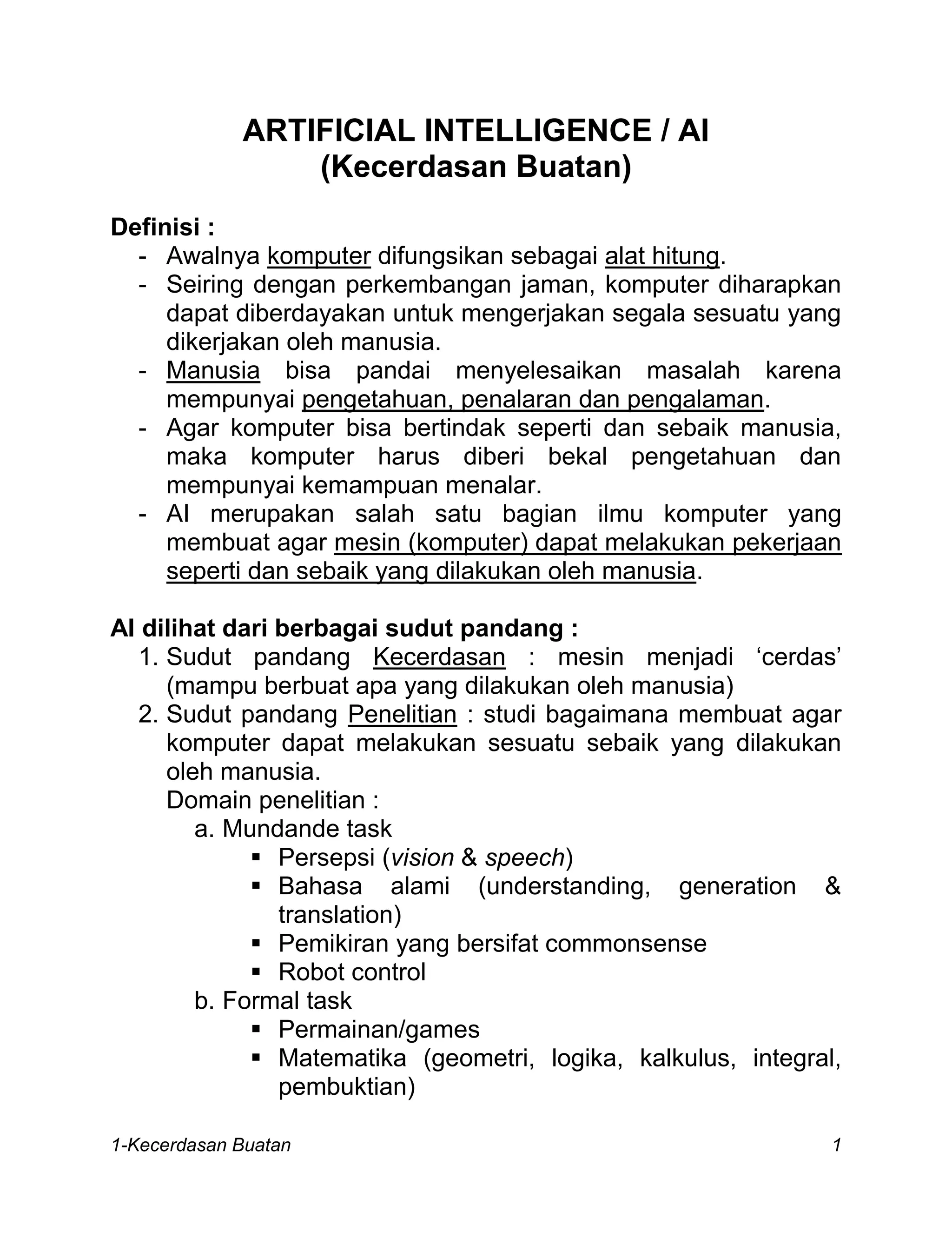 ARTIFICIAL INTELLIGENCE / AI (Kecerdasan Buatan) | DOC