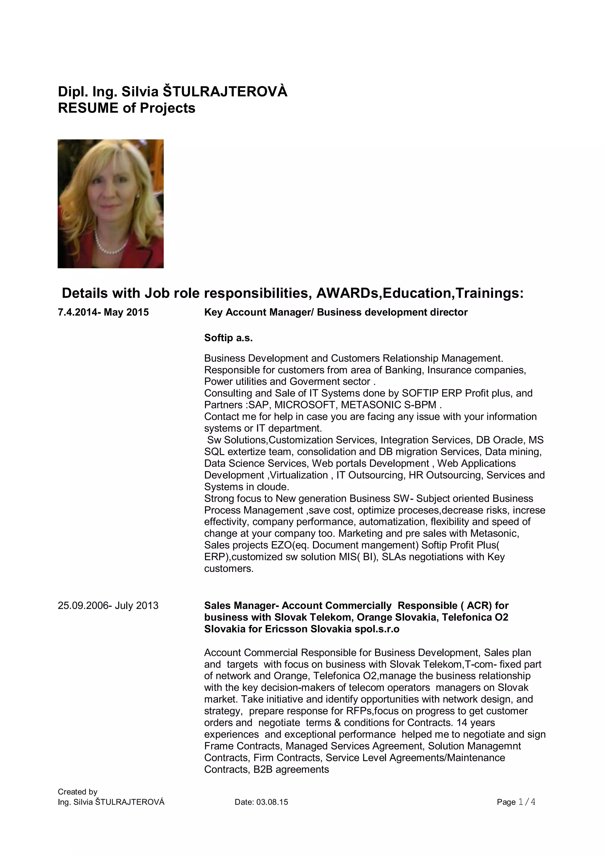 CV_Silvia_Stulrajterova Projects resume | PDF | Telecommunications Industry | Industries