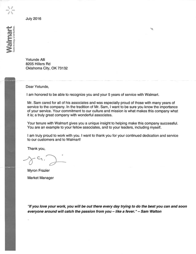 Recognition Letter from Walmart | PDF