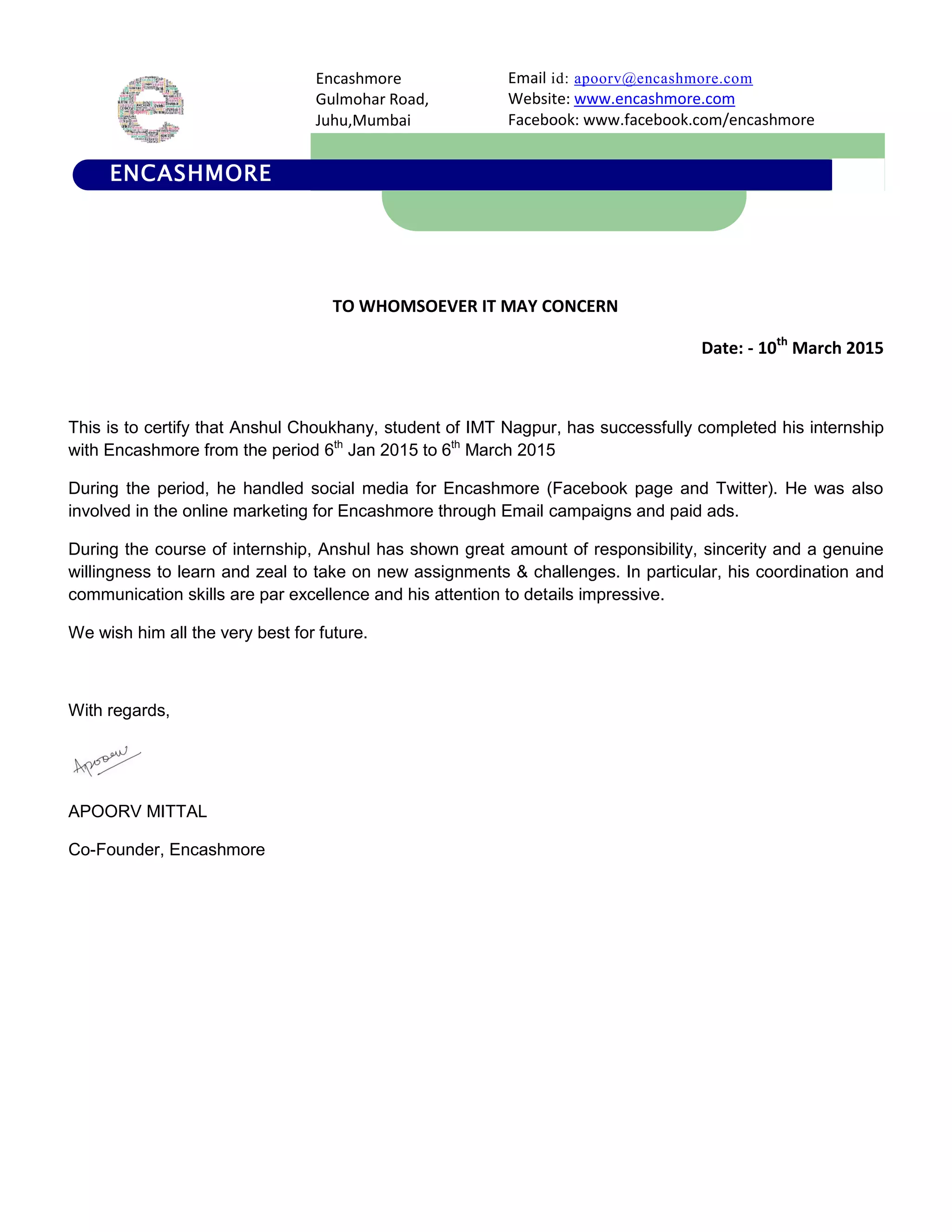 Anshul, IMT Nagpur Certificate | PDF