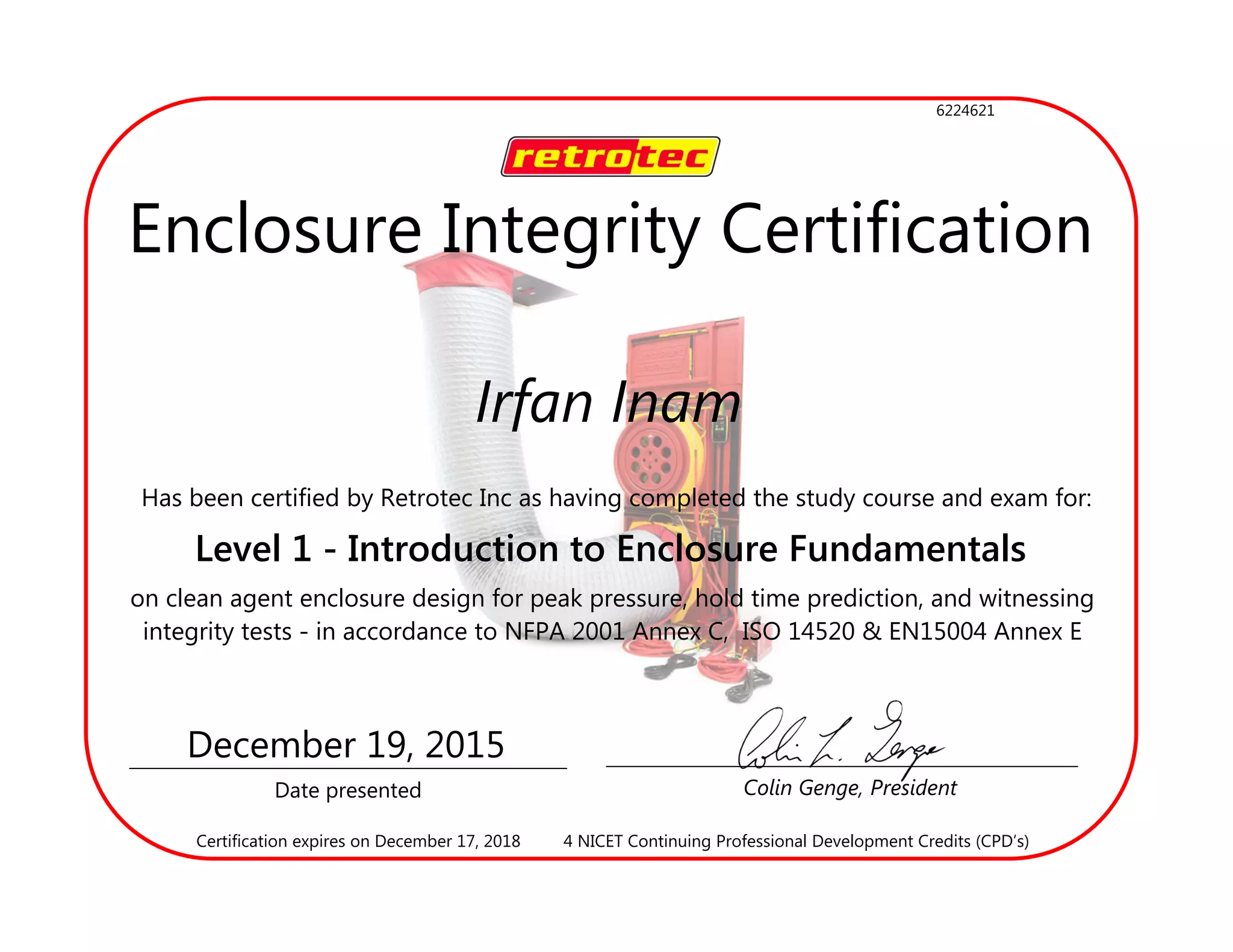 Room Integrity Certificate Level 1 - Irfan Inam | PDF