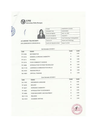 OFFICIAL TRANSCRIPT UNDERGRADUATE PROGRAM - JOSEPHINE AZARIA GUSMAN ...