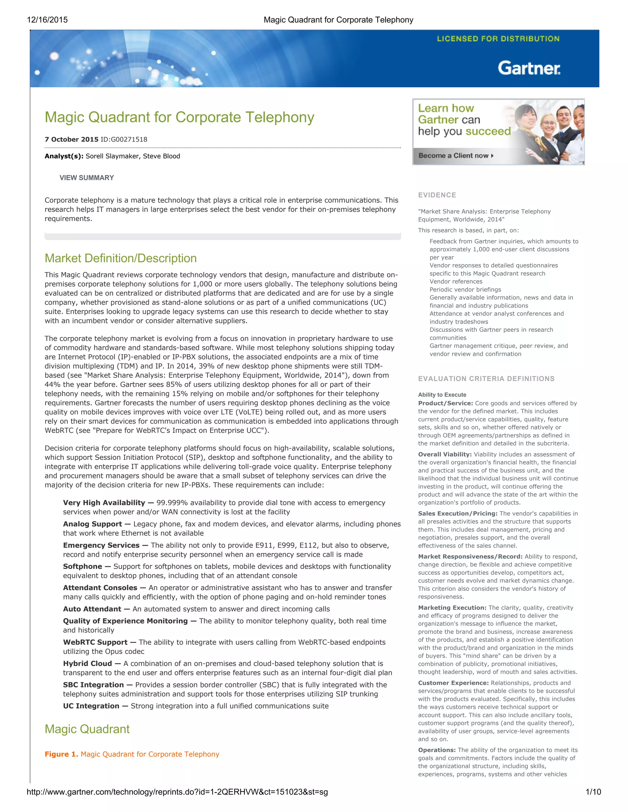 Magic Quadrant for Corporate Telephony | PDF