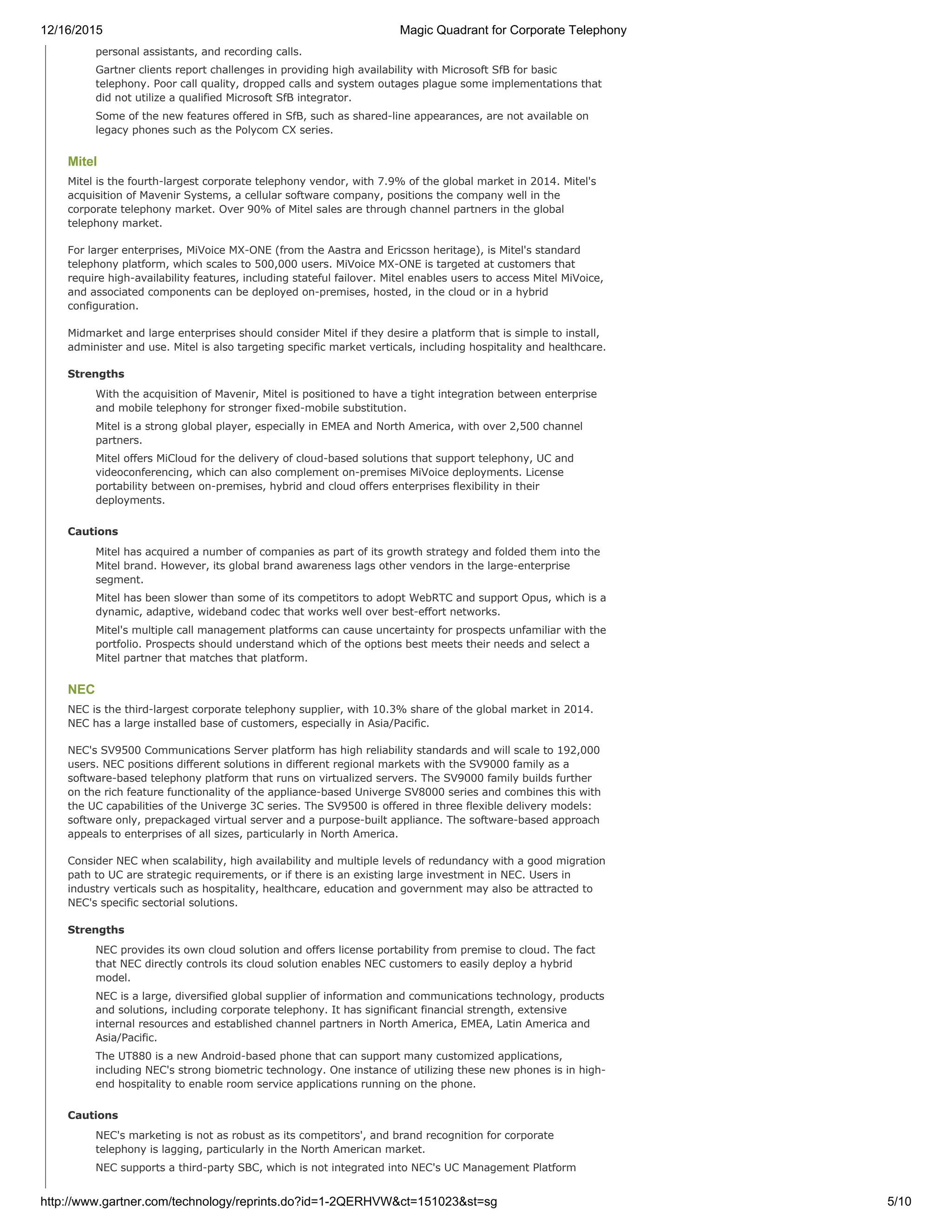 Magic Quadrant for Corporate Telephony | PDF