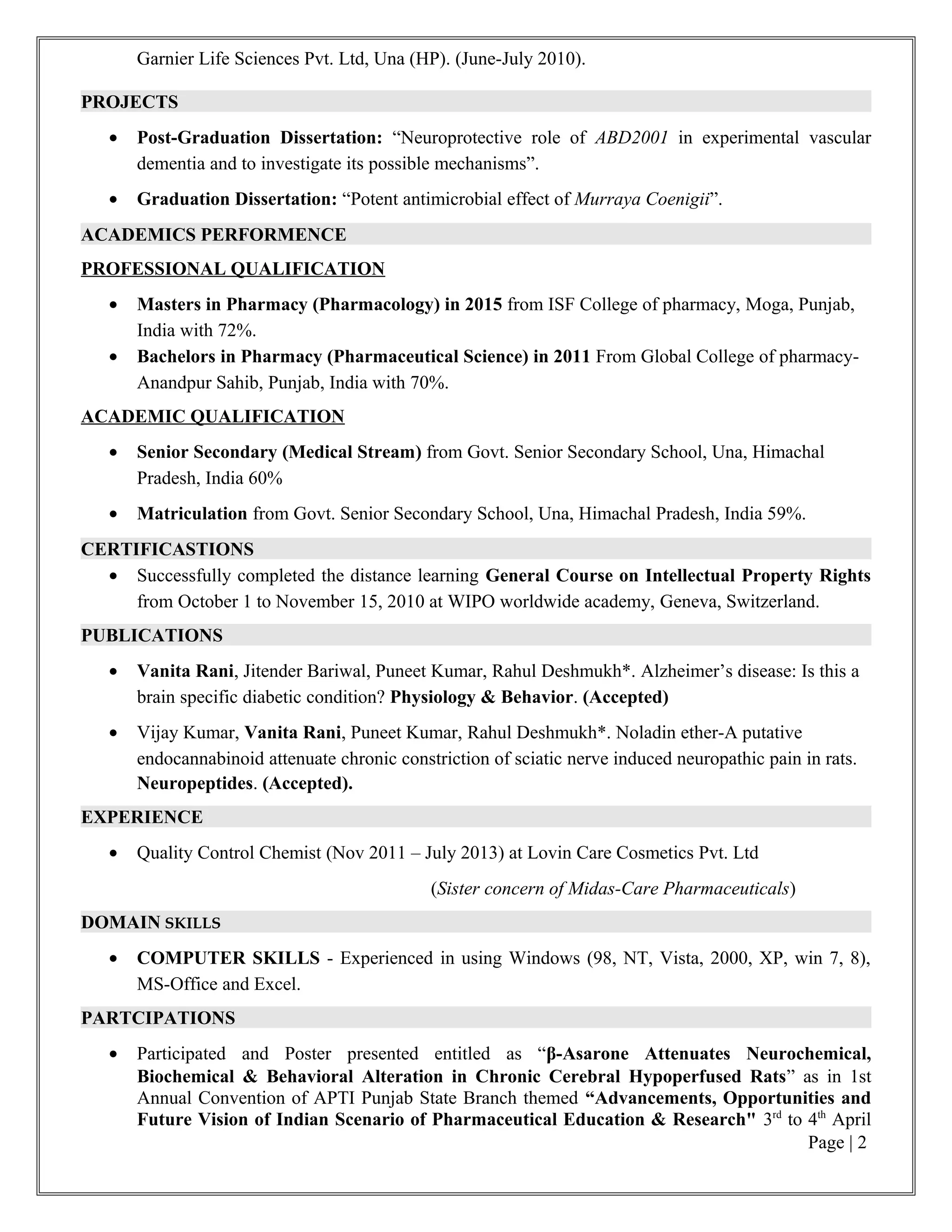 Resume of Vanita Rani M.Pharma [Pharmacology] - Copy | DOC ...