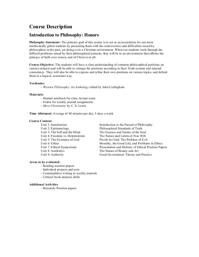 Philosophy Course Description