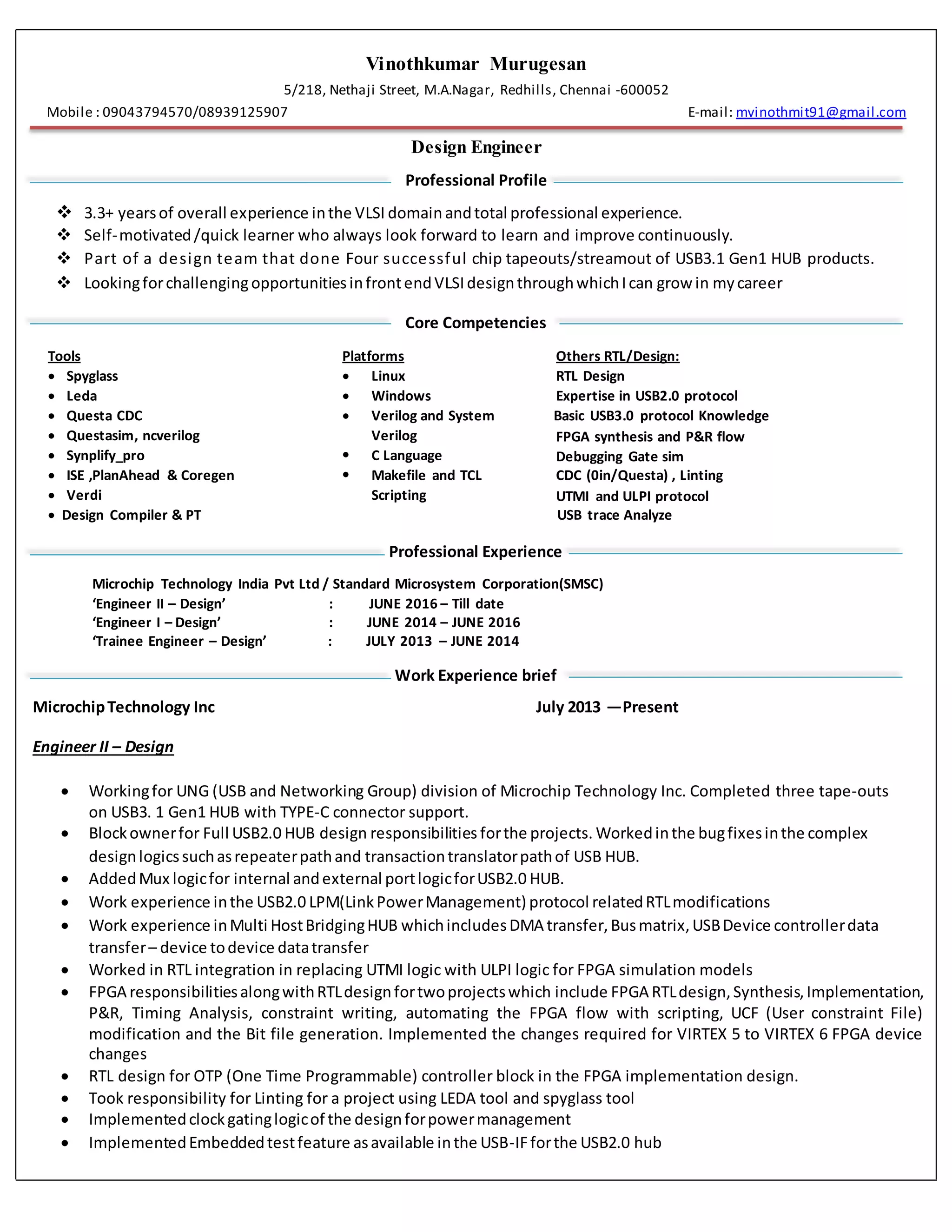 RTL Design Engineer - Vinothkumar Murugesan - 3.3Yrs - Microchip | PDF