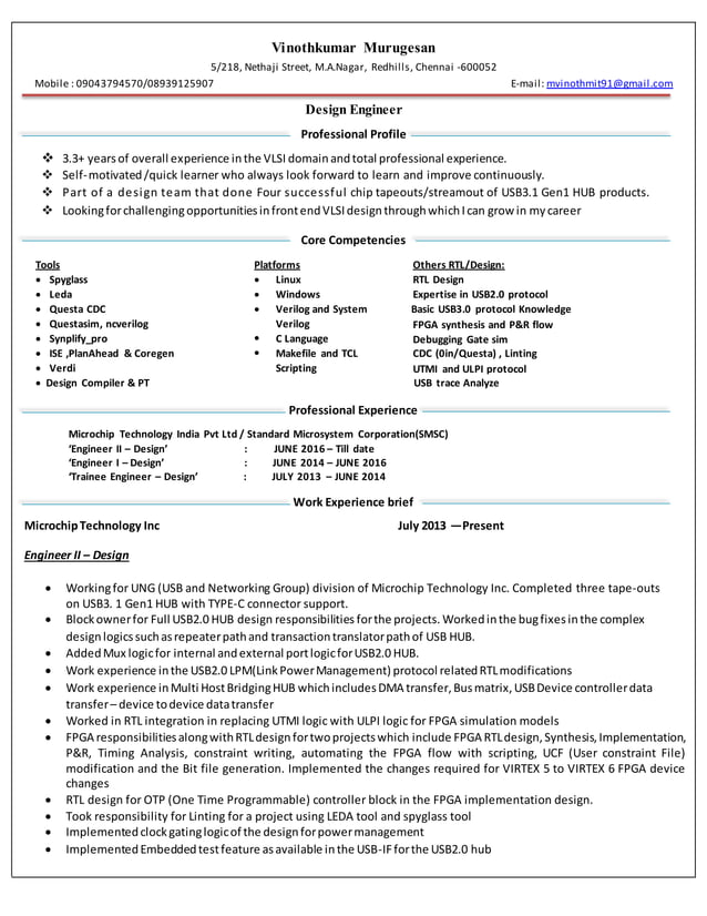 RTL Design Engineer - Vinothkumar Murugesan - 3.3Yrs - Microchip | PDF