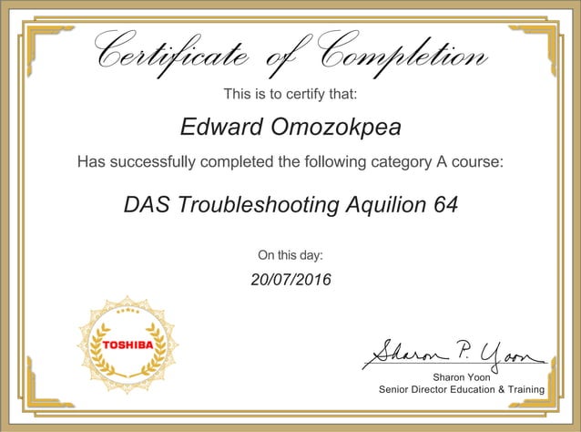 Certificate for DAS troubleshooting Aquilion 64 | PDF