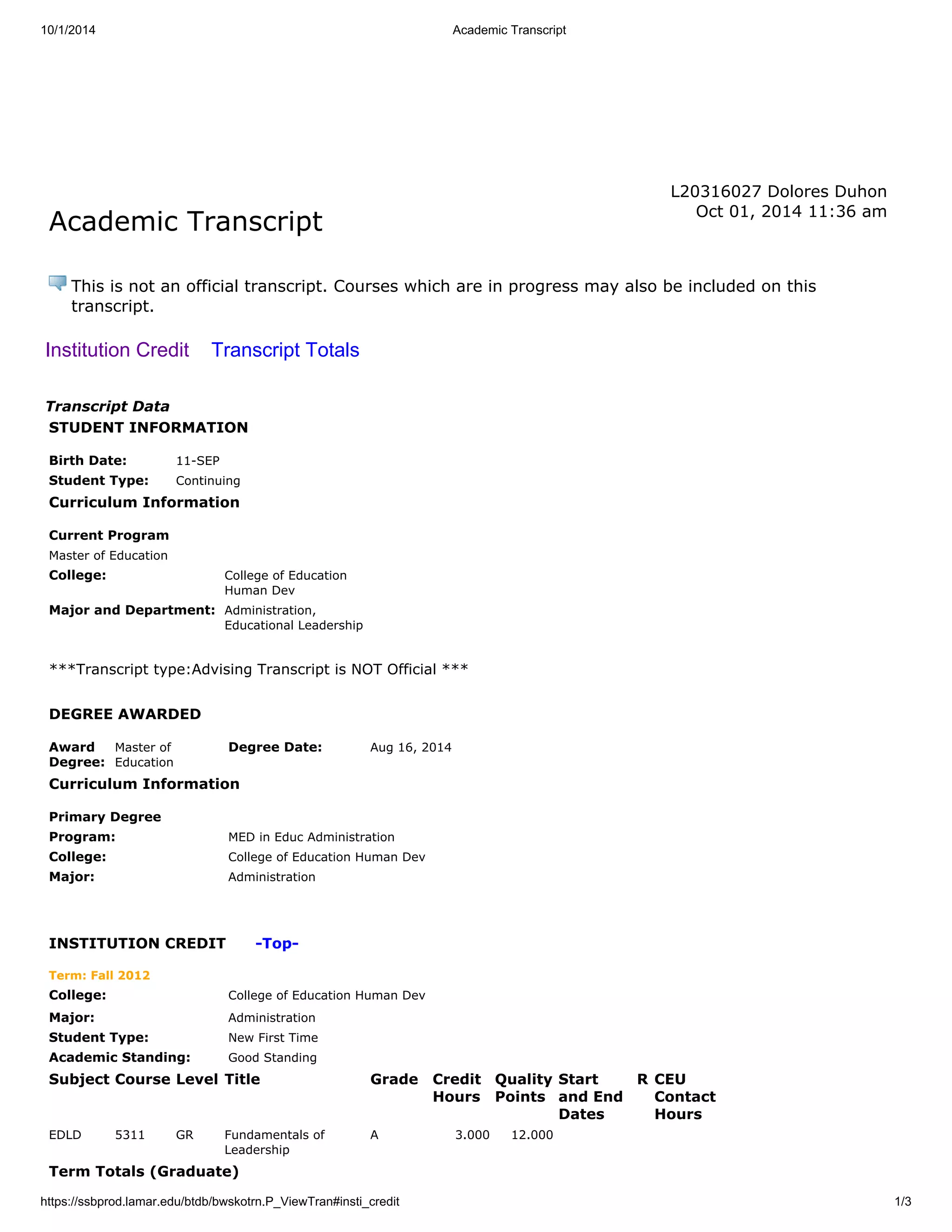 lamar transcript | PDF