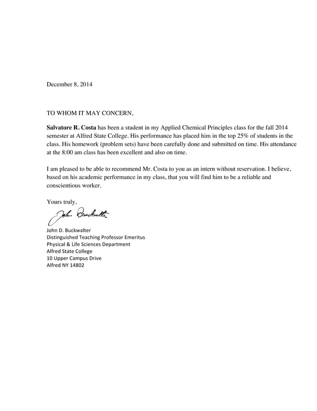 Recommendation Letter for Sal Costa - John Buckwalter | PDF