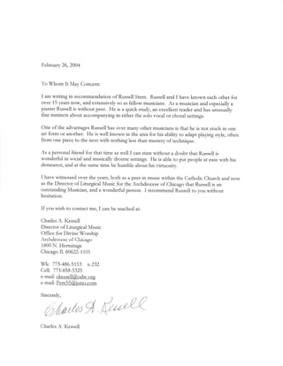 Russell Stern Church Music Director Recommendations | PDF