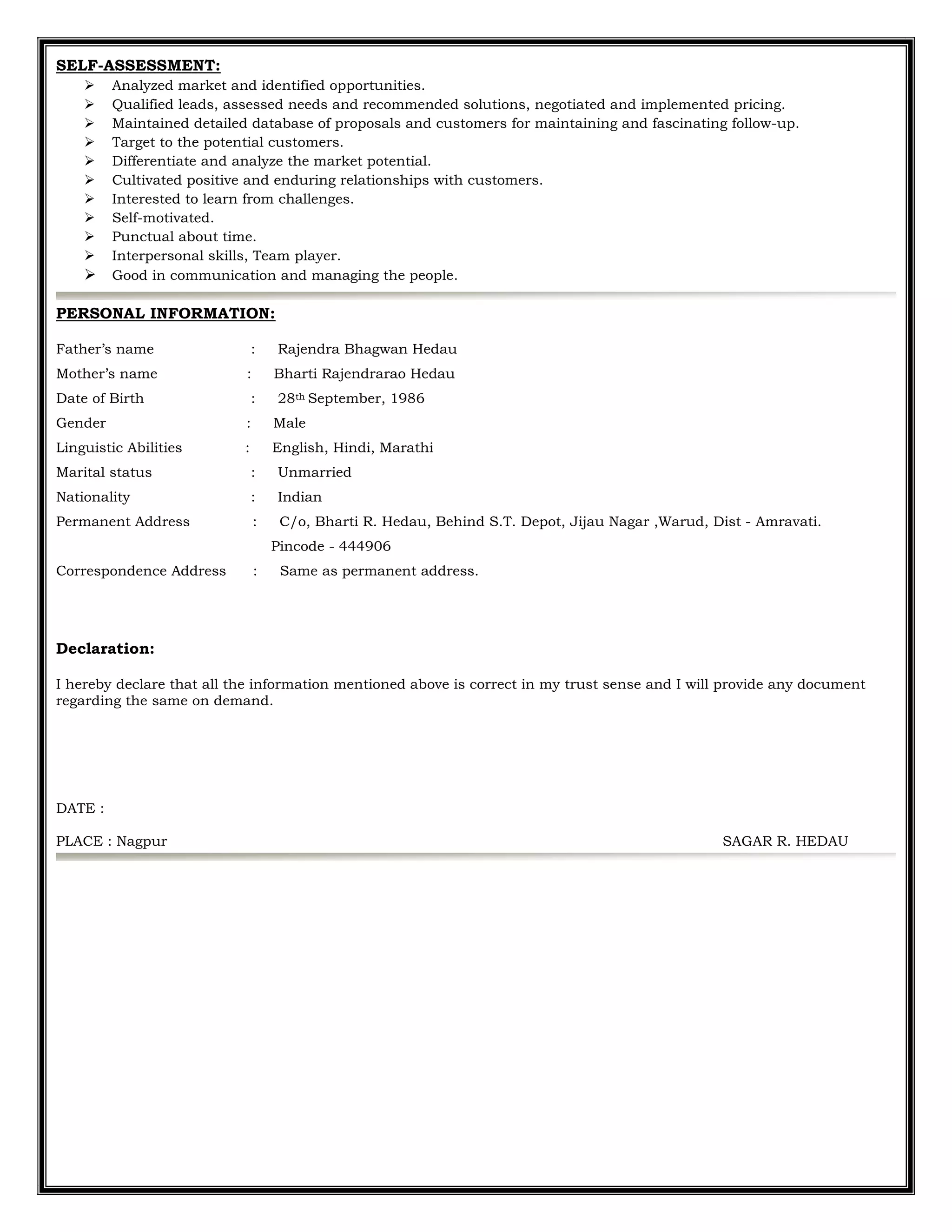 Resume_Sagar_R_Hedau | DOC | Business Administration | Business