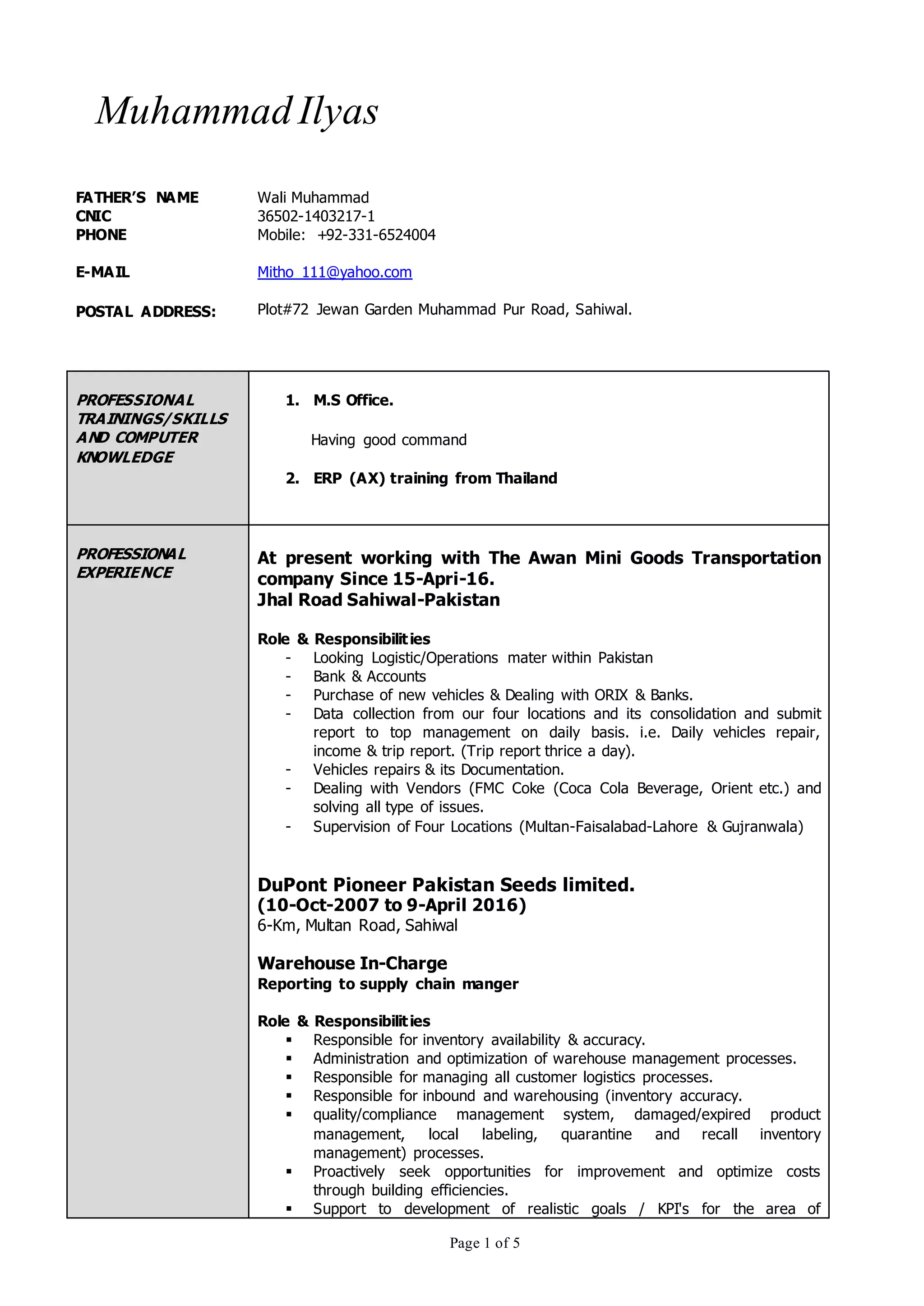 CV-Muhammad Ilyas-Jan-17 | DOCX | Logistics | Business
